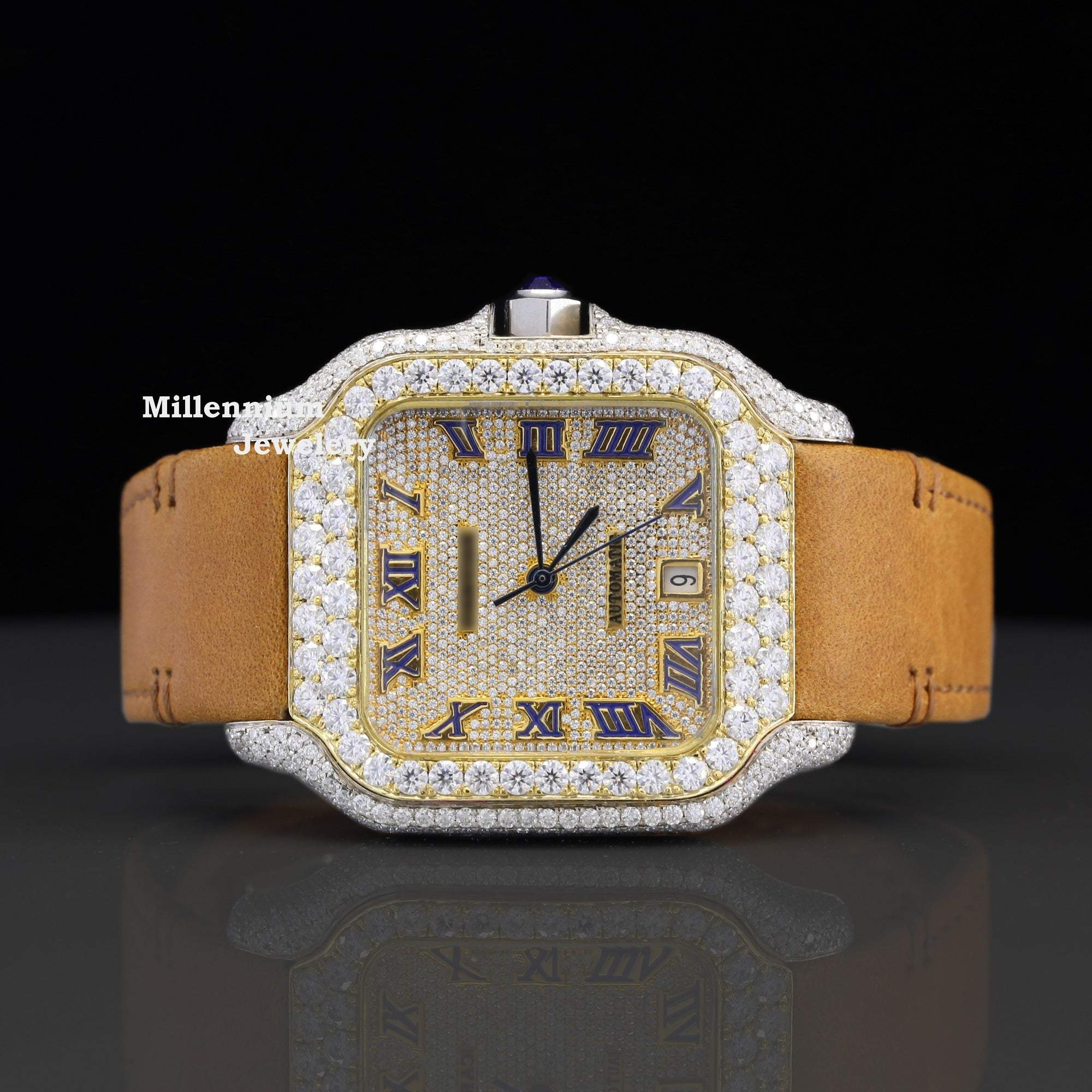 Luxury Brown Leather Belt Moissanite Diamond Iced Out Watch For Men ...