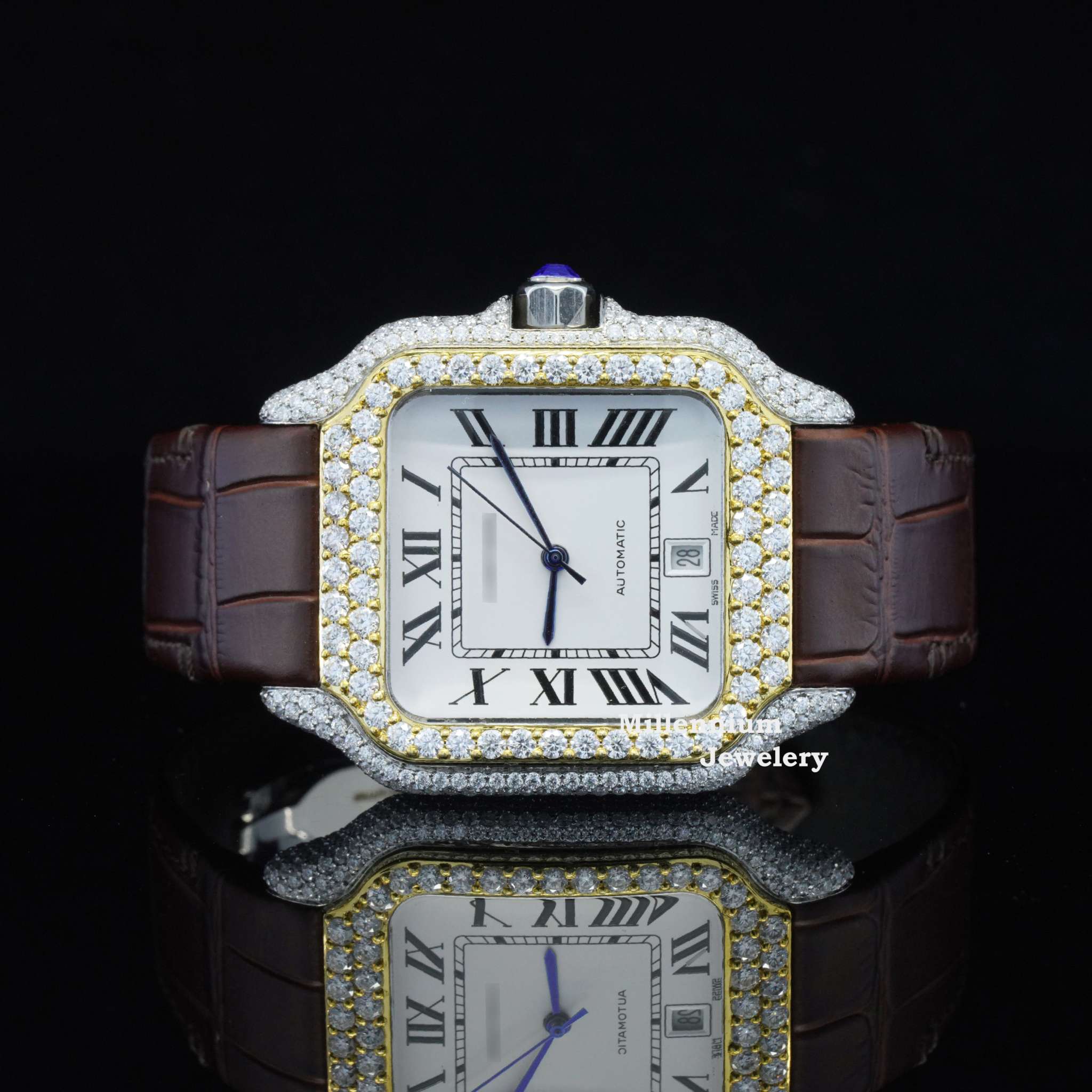 Amazing White Dial With Brown Leather Belt Moissanite Watch ...